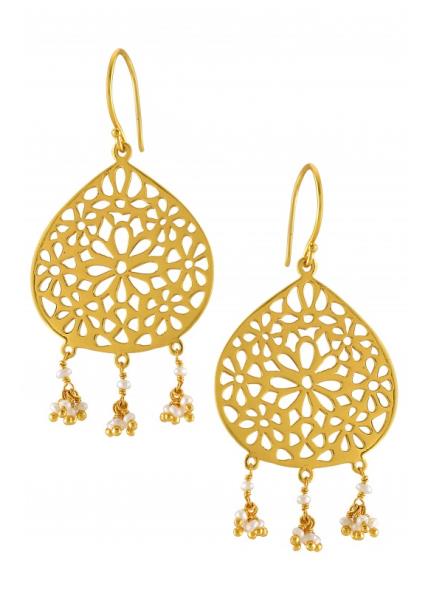 Silver Gold Plated Floral Jaali Pearl Drop Earrings